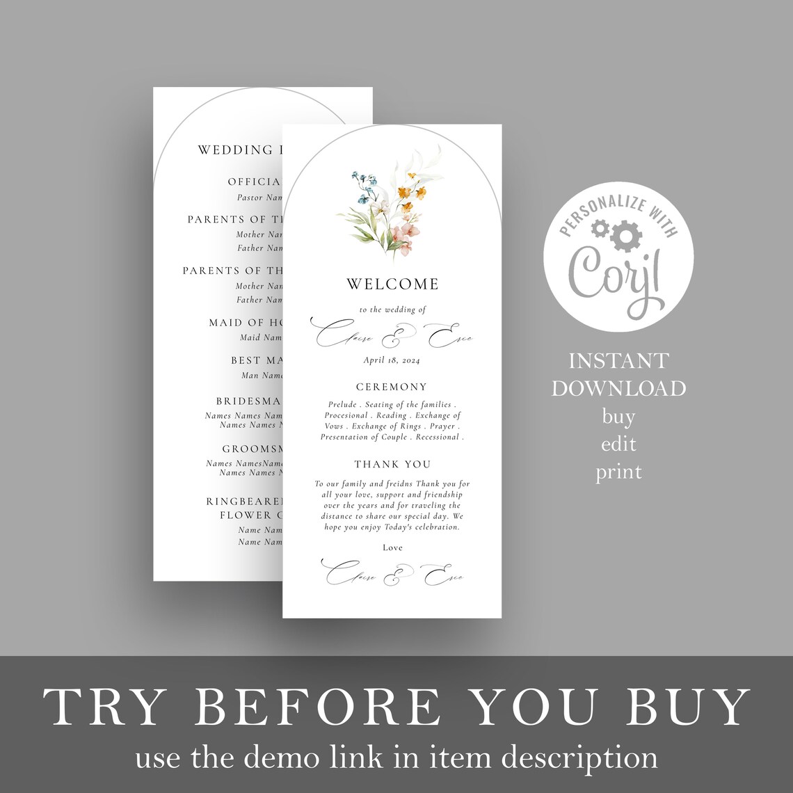 Arched Church Wedding Program Template Printable Floral - Etsy