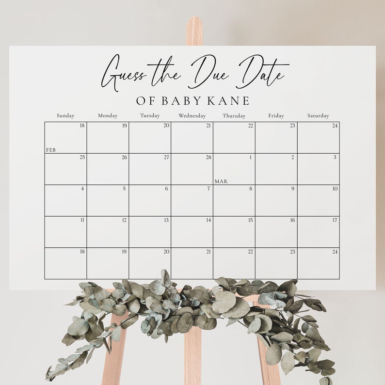 Guess the Due Date Calendar Sign, Modern Baby Shower Game, 100% ...