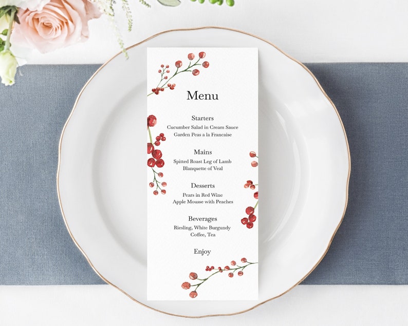 Red Christmas Menu Template, Christmas Berries Dinner Menu, Printable ...