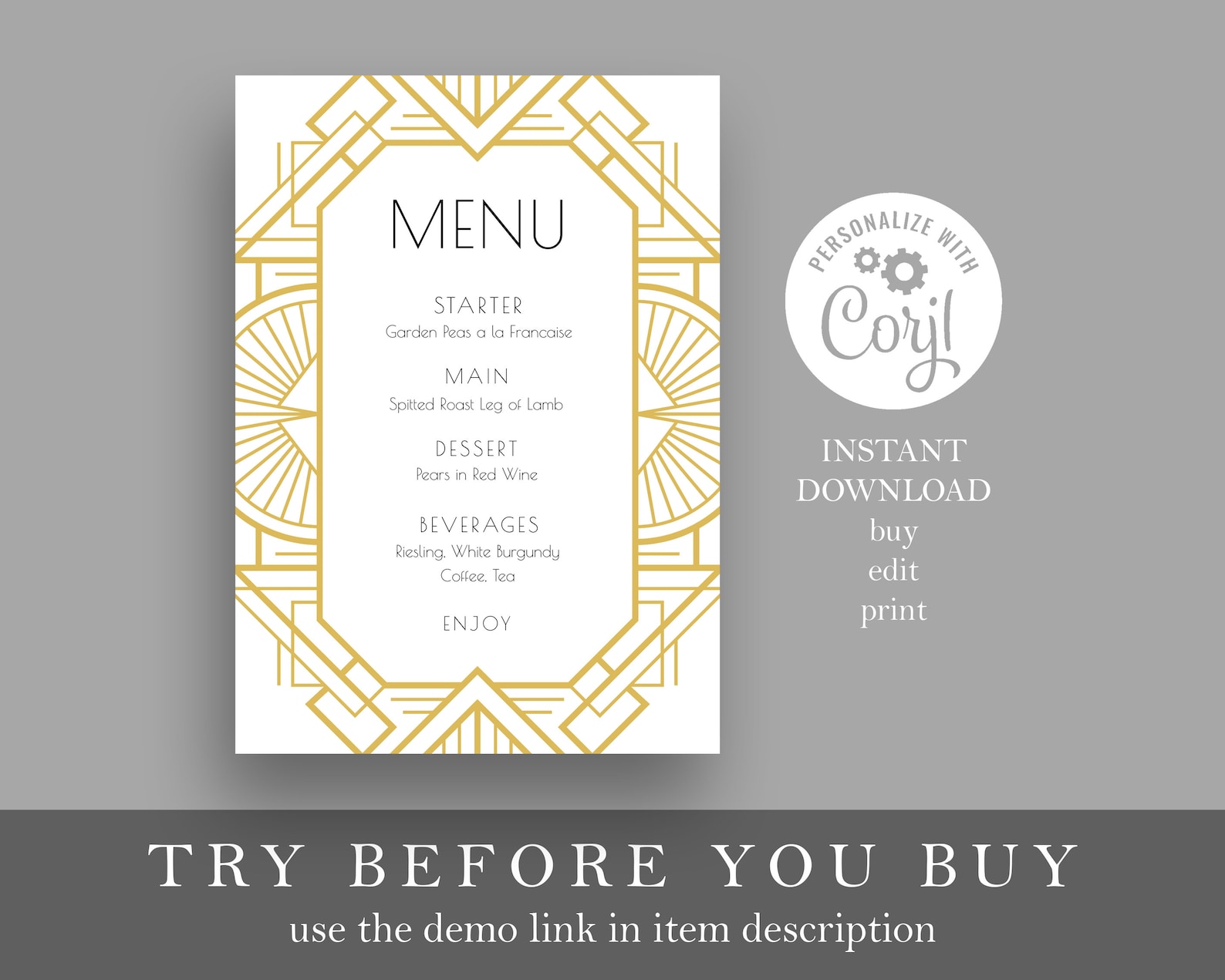 Art Deco Wedding Menu Template: 5x7 Editable Design (digital Download ...