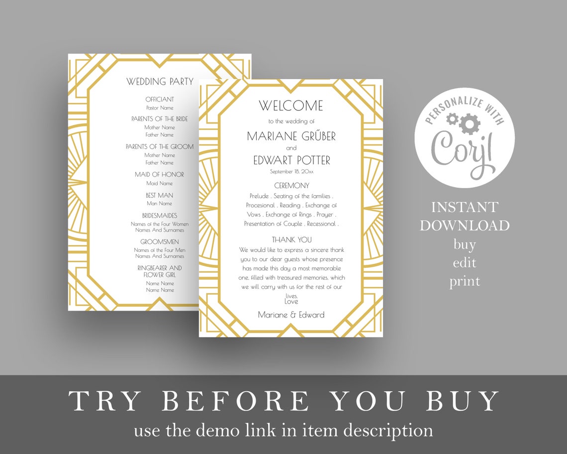 Art Deco Wedding Program Template Wedding Ceremony Card 5x7 - Etsy