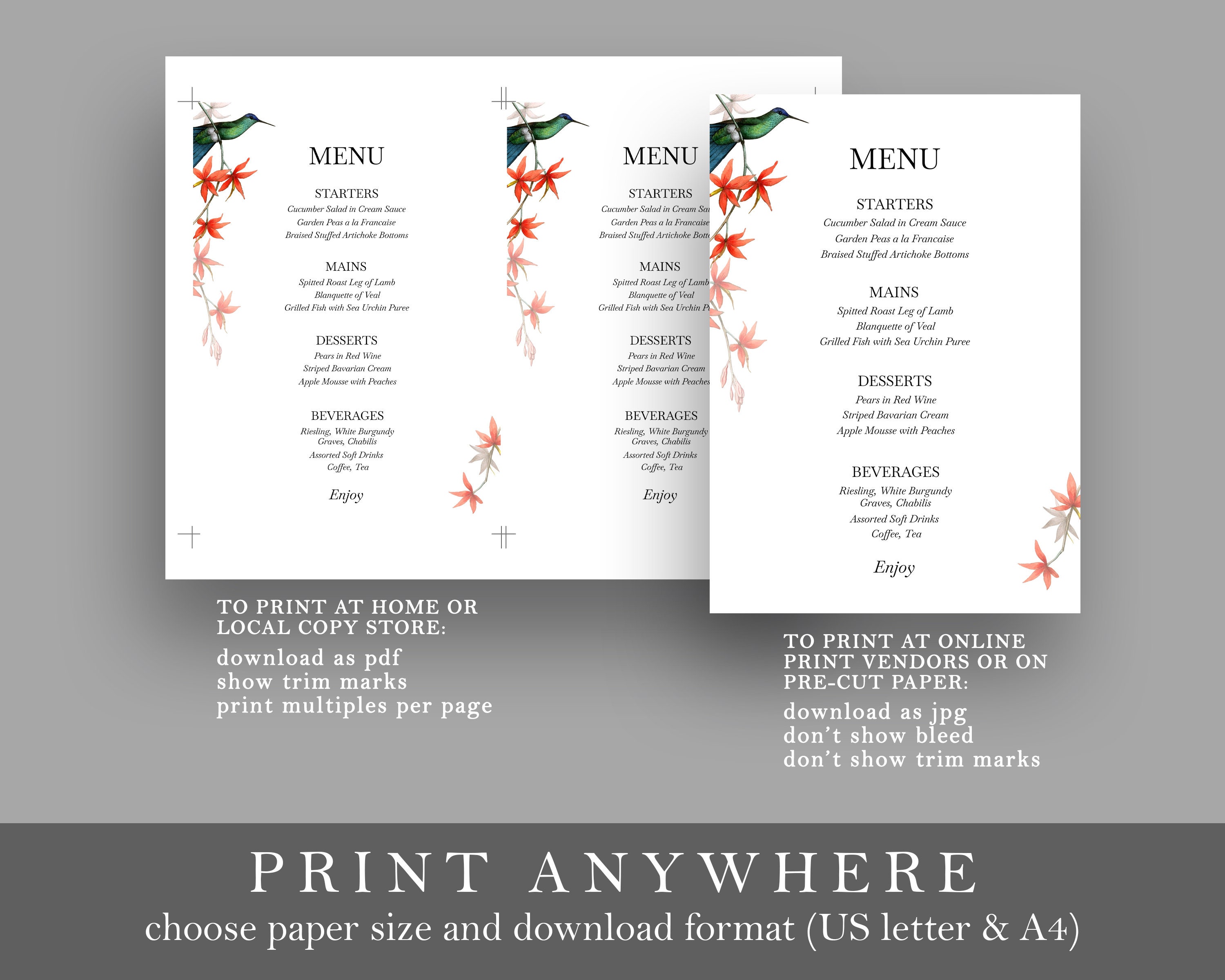Hummingbird Dinner Menu Template DIY Dinner Menu Printable - Etsy