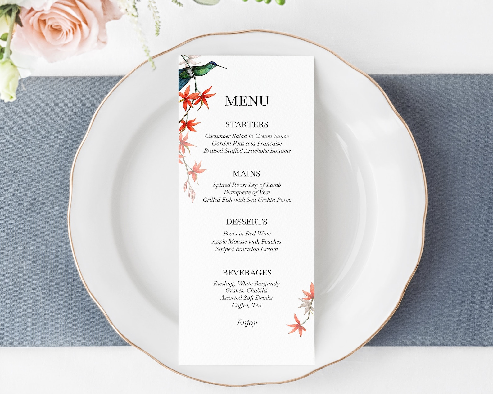 Hummingbird Dinner Menu Template DIY Dinner Menu Printable - Etsy