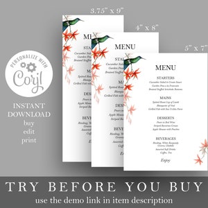 Hummingbird Dinner Menu Template, DIY Dinner Menu, Printable Wedding ...