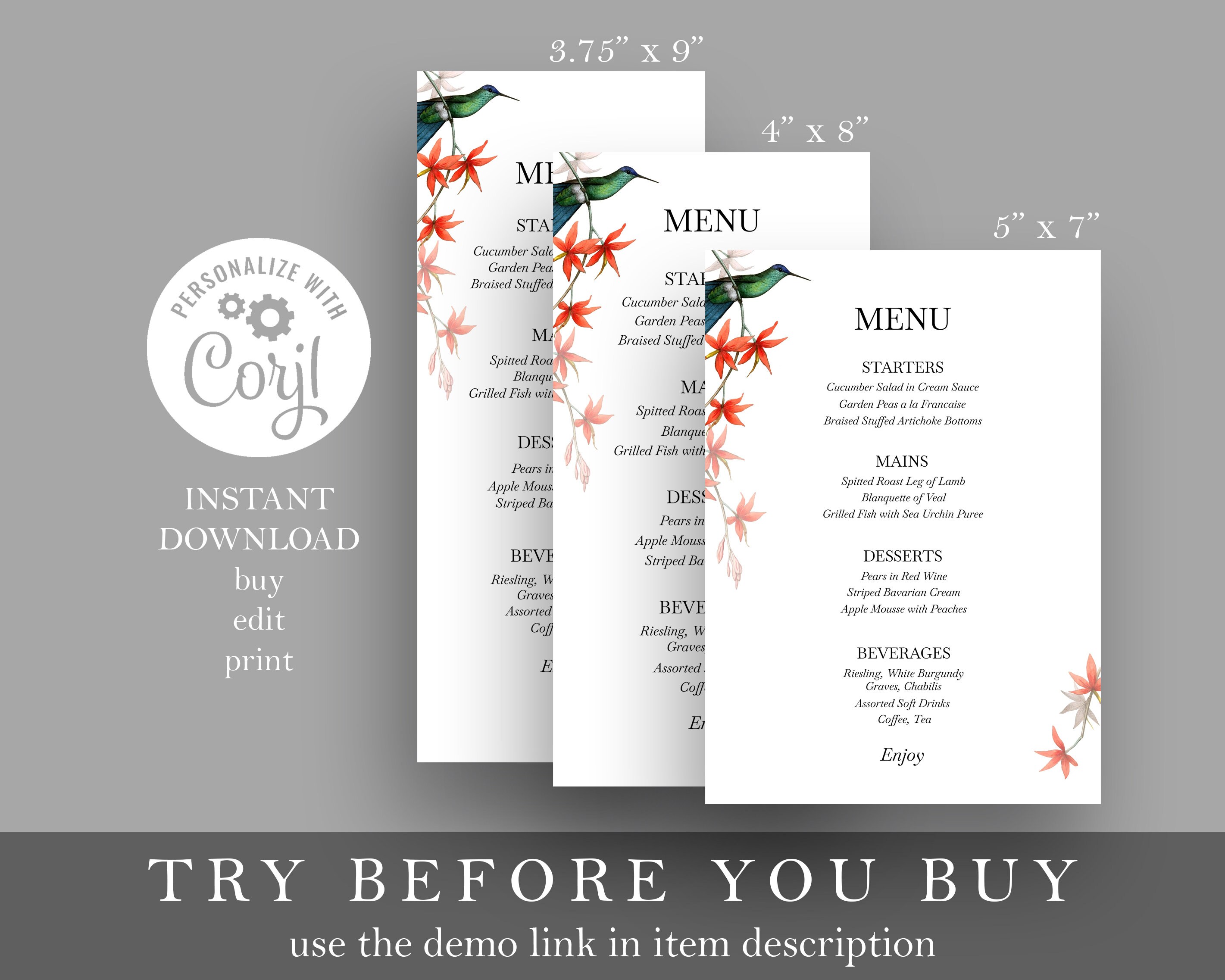 Hummingbird Dinner Menu Template DIY Dinner Menu Printable - Etsy