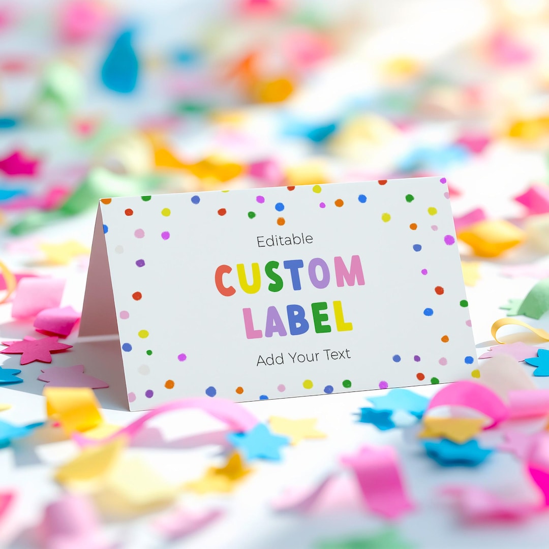 Rainbow Confetti Party Labels: Editable Birthday Place Cards (digital ...