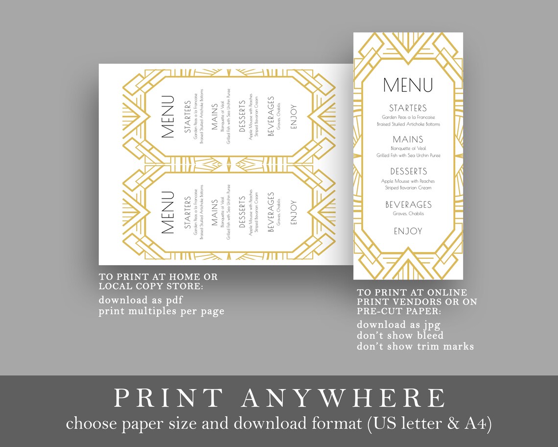 Editable Art Deco Menu Template Long Art Deco Wedding Menu - Etsy
