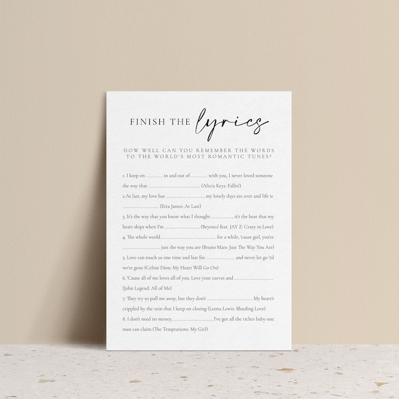 Finish the Lyrics Bridal Shower Game Music Bachelorette Party - Etsy