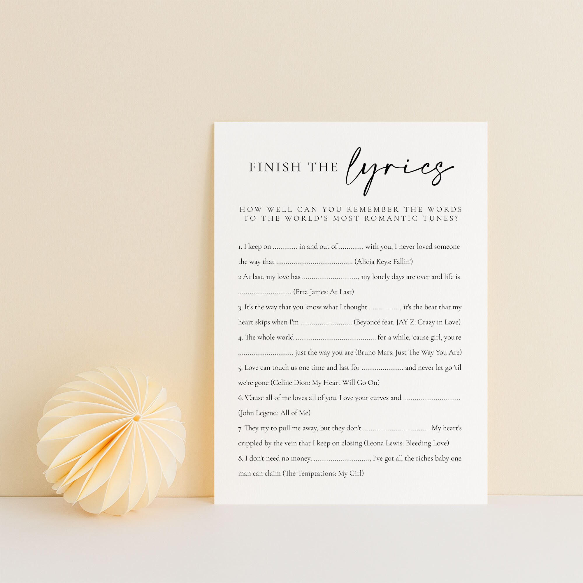 Finish the Lyrics Bridal Shower Game, Music Bachelorette Party Game ...