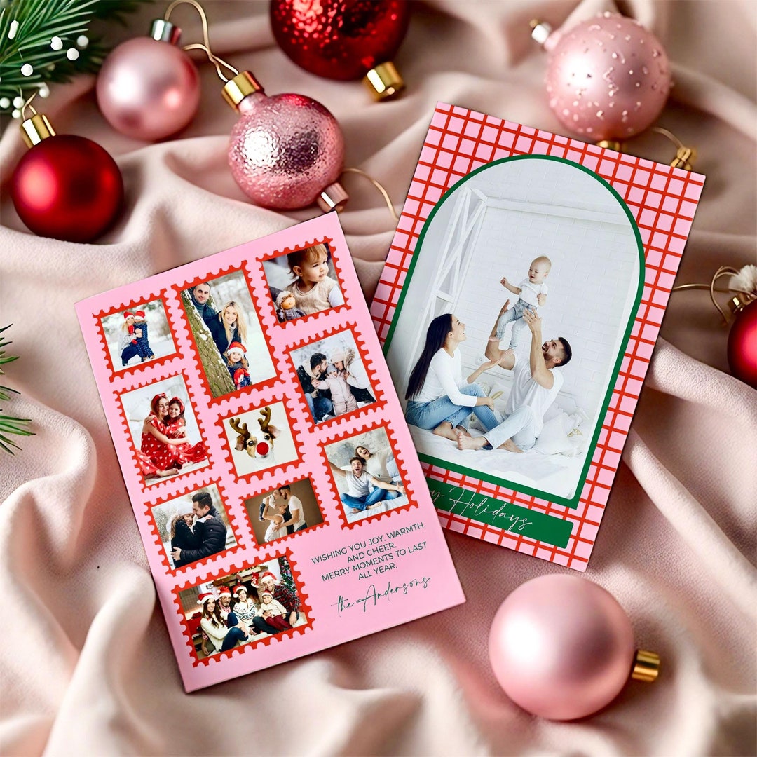 Vintage Inspired Christmas Card With Stamp Photo Frames, Editable ...