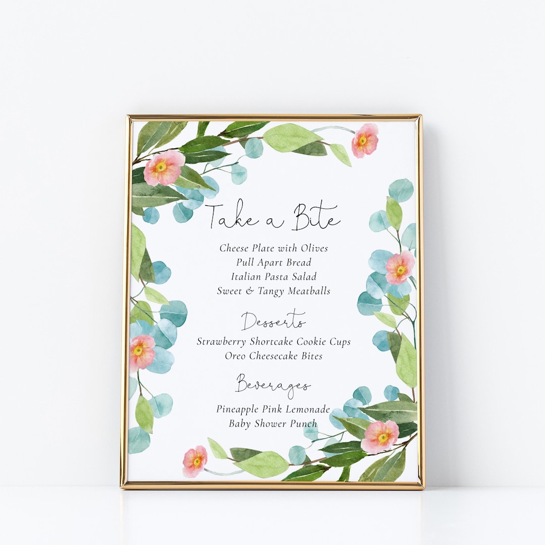 Baby Shower Buffet Menu Sign With Watercolor Greenery and Pink Poppy ...