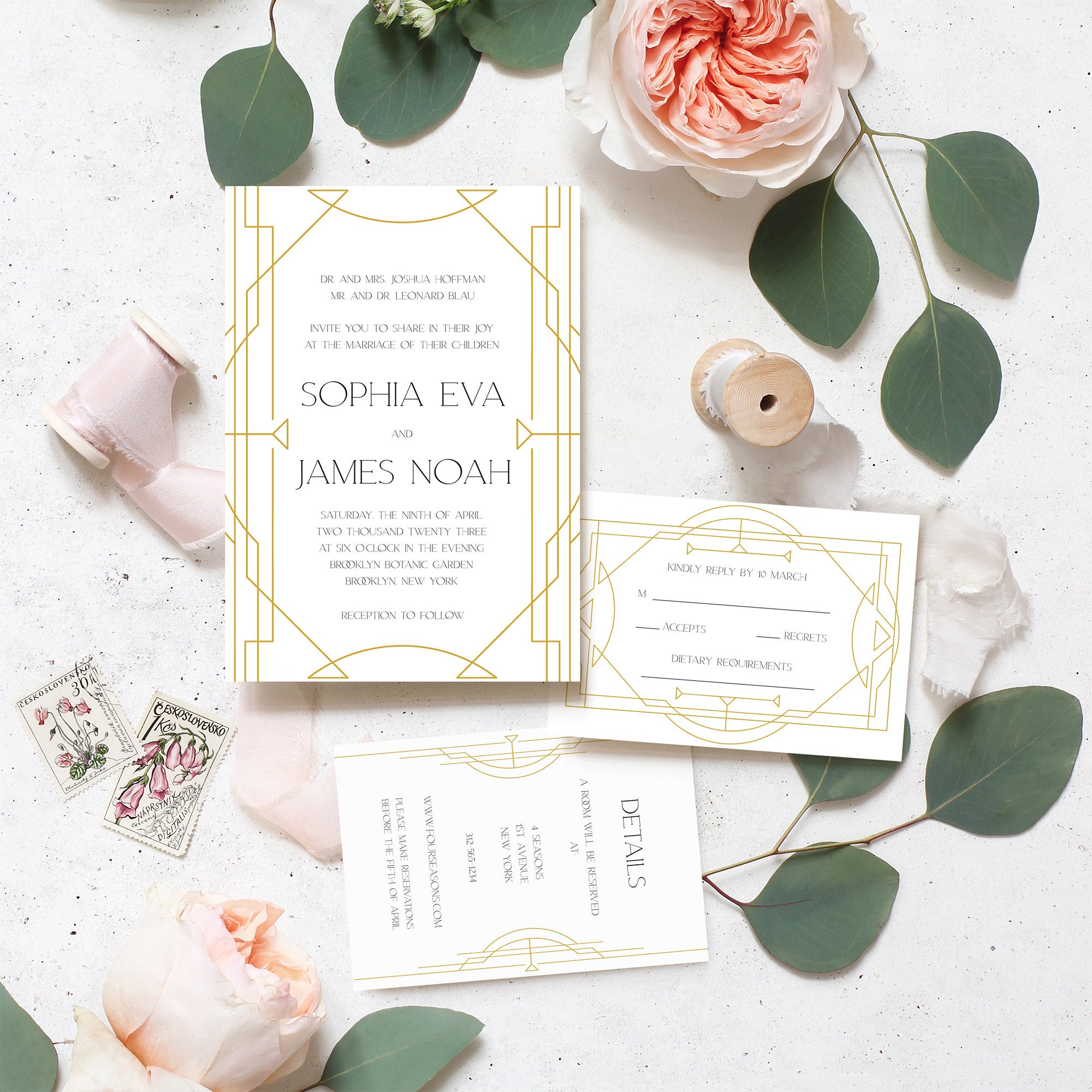 Modern Art Deco Wedding Invitation Set, Geometric Art Deco Invitation ...