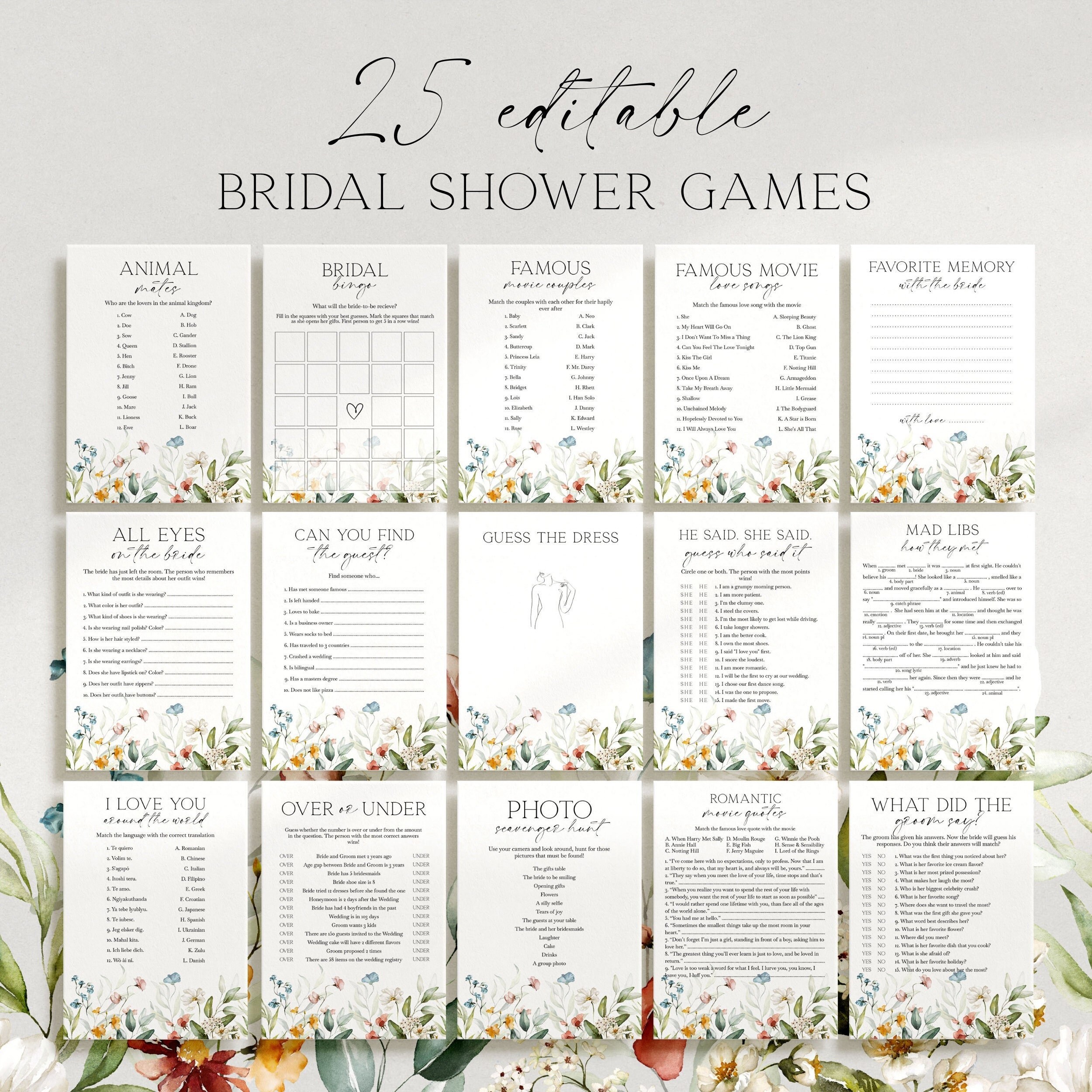25 Bridal Shower Games, Signs and Activities, Floral Wedding Shower ...