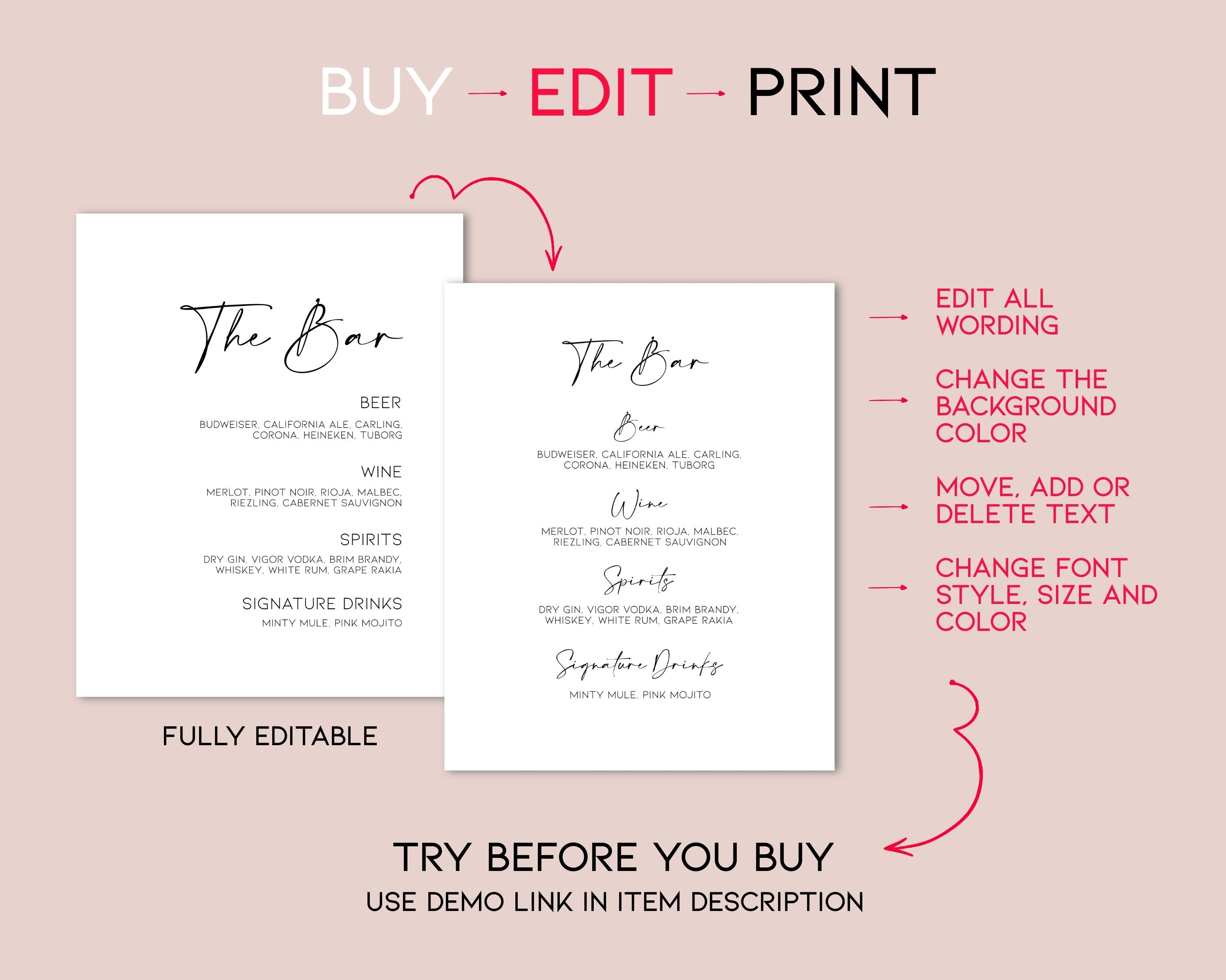 Calligraphy Bar Menu Template 8x10 Wedding Bar Menu Sign - Etsy