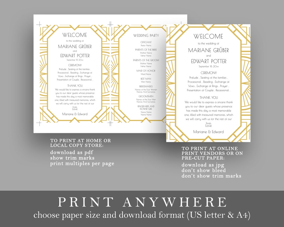 Art Deco Wedding Program Template Wedding Ceremony Card 5x7 - Etsy