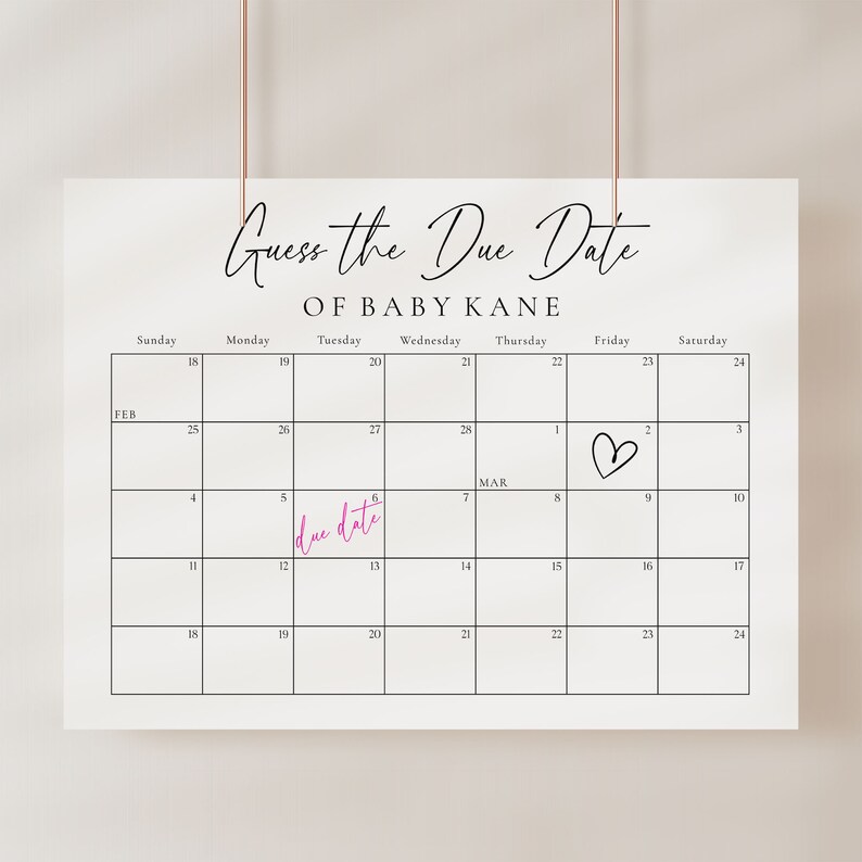 Guess the Due Date Calendar Sign, Modern Baby Shower Game, 100% ...