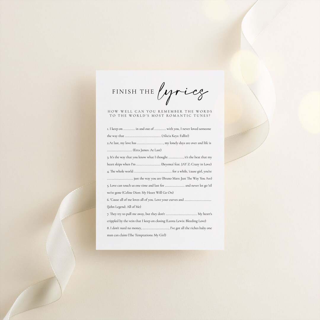Finish the Lyrics Bridal Shower Game: Love Songs (PDF Download) - Etsy