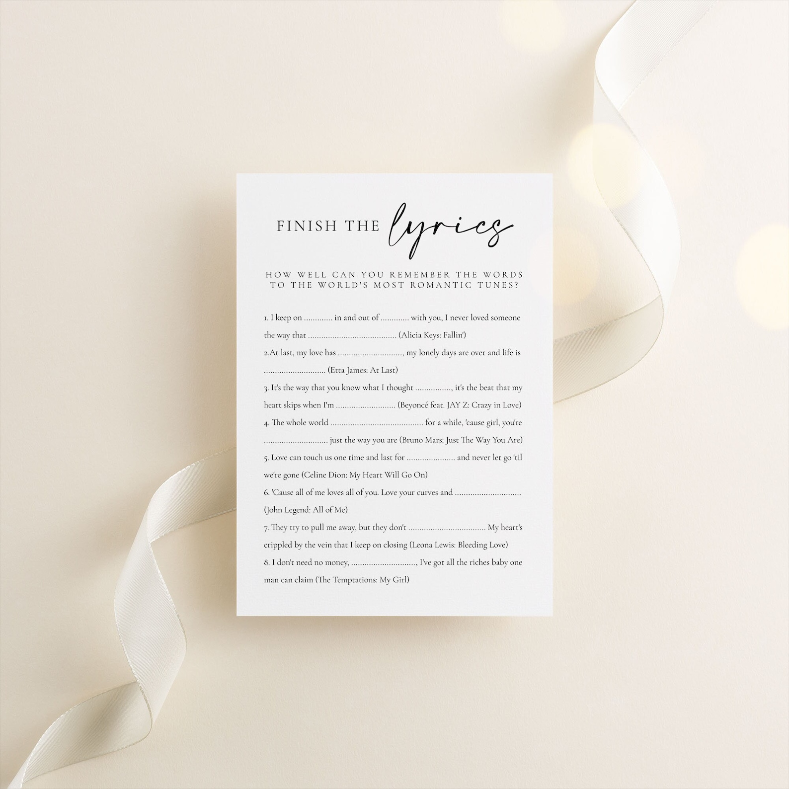 Finish the Lyrics Bridal Shower Game, Music Bachelorette Party Game ...