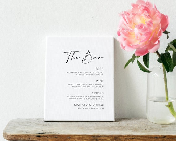 Calligraphy Bar Menu Template 8x10 Wedding Bar Menu Sign | Etsy