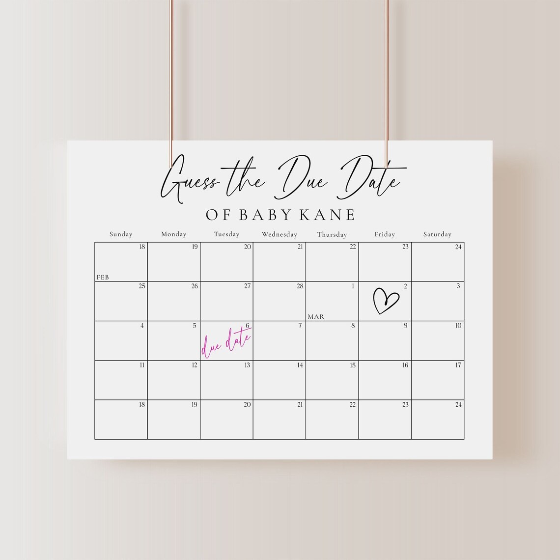 Guess the Due Date Calendar Sign, Modern Baby Shower Game, 100% ...