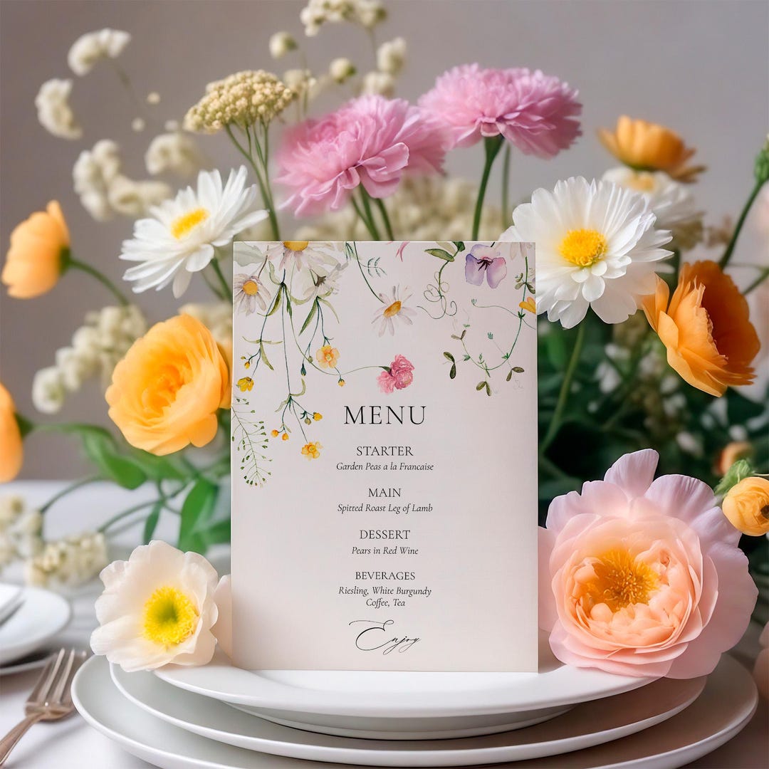 Floral Wedding Menu in 2 Sizes | Elegant Wildflower Dinner Menu ...