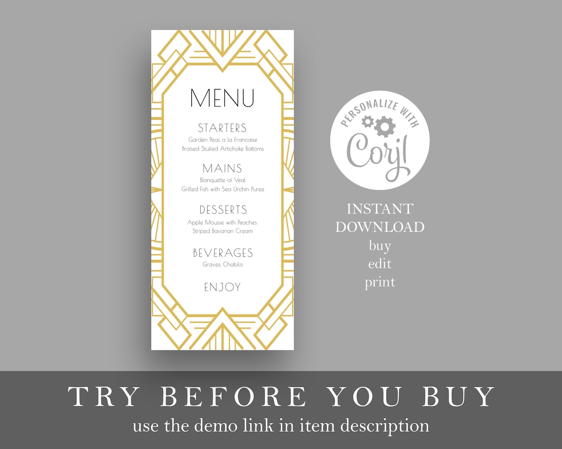 Editable Art Deco Menu Template Long Art Deco Wedding Menu - Etsy