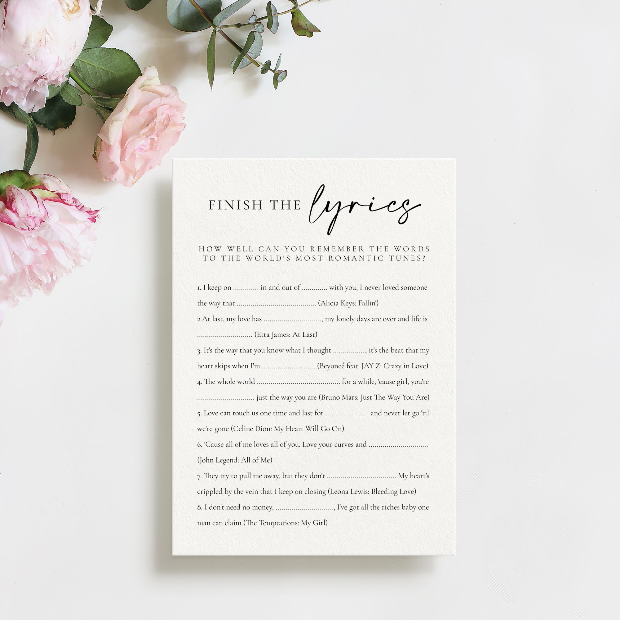Finish the Lyrics Bridal Shower Game: Love Songs (PDF Download) - Etsy