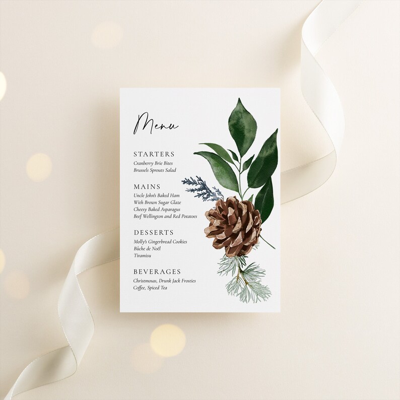 Holiday Dinner Menu With Watercolor Winter Greenery and Pines, 100% ...