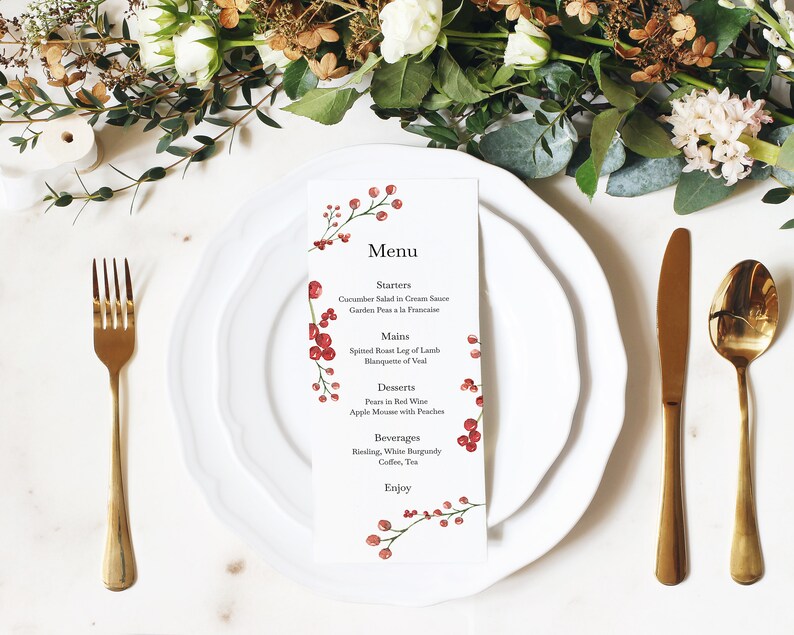 Red Christmas Menu Template, Christmas Berries Dinner Menu, Printable ...