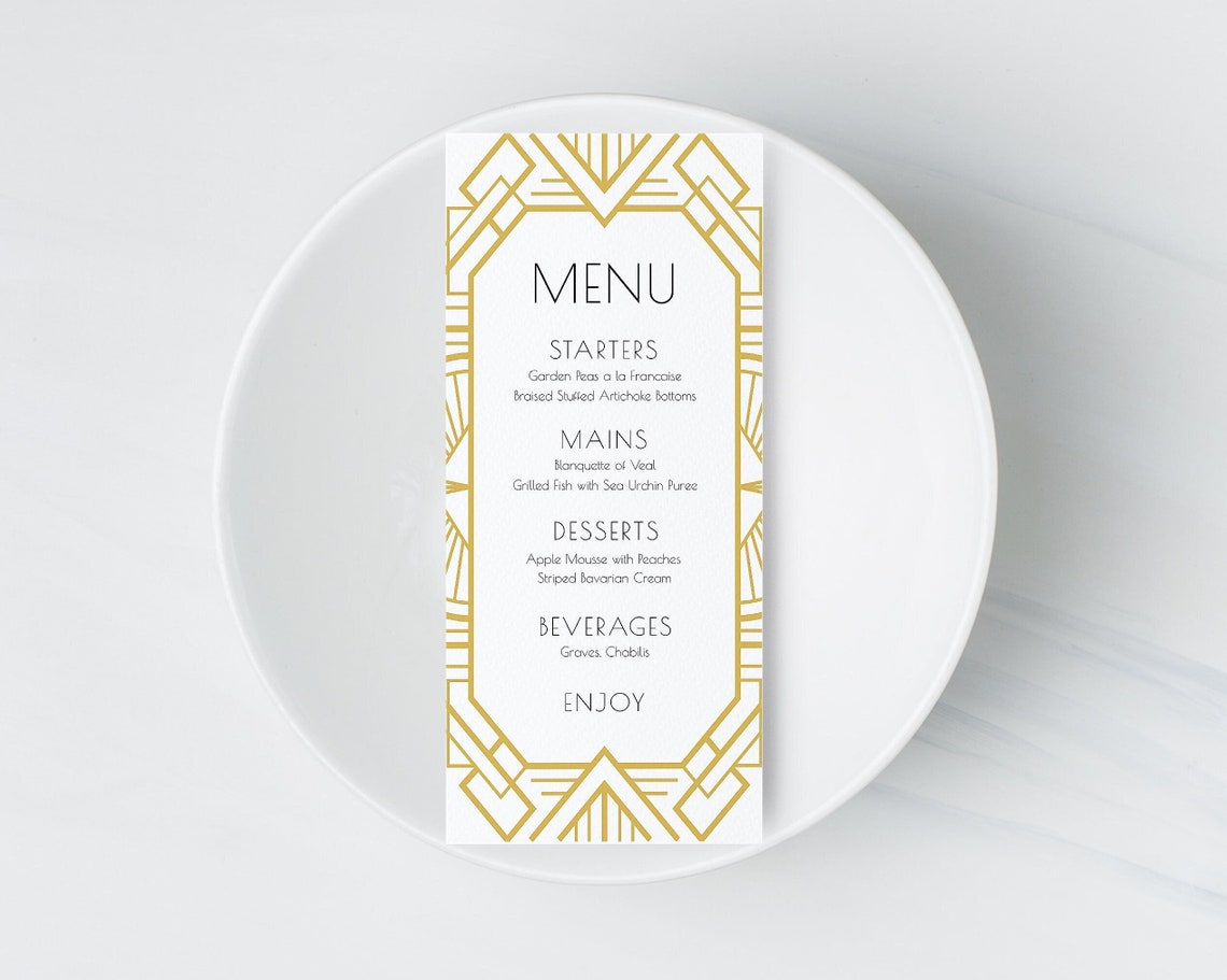 Editable Art Deco Menu Template Long Art Deco Wedding Menu - Etsy