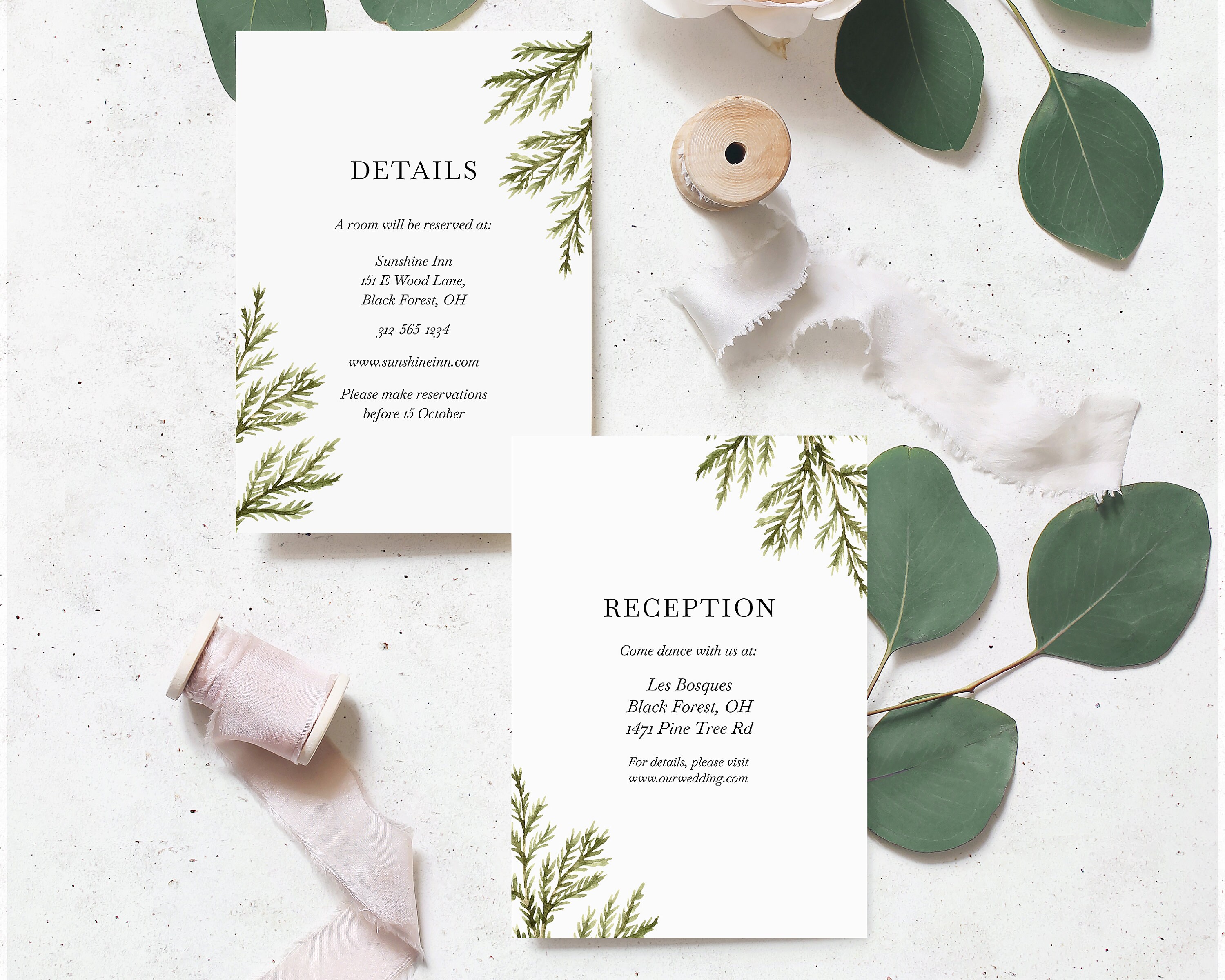 Pine Branch Wedding Invitation Set, Printable Wedding Invitation Suite ...