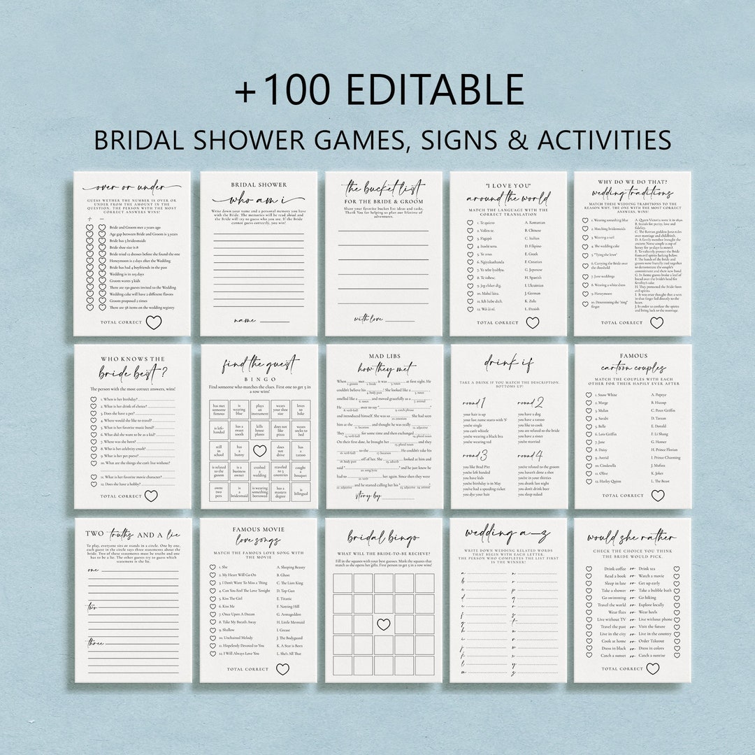 100 Bridal Shower Games Bundle, Modern Bachelorette Party Games, 100% ...