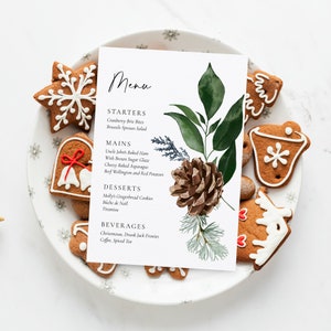 Holiday Dinner Menu With Watercolor Winter Greenery and Pines, 100% ...