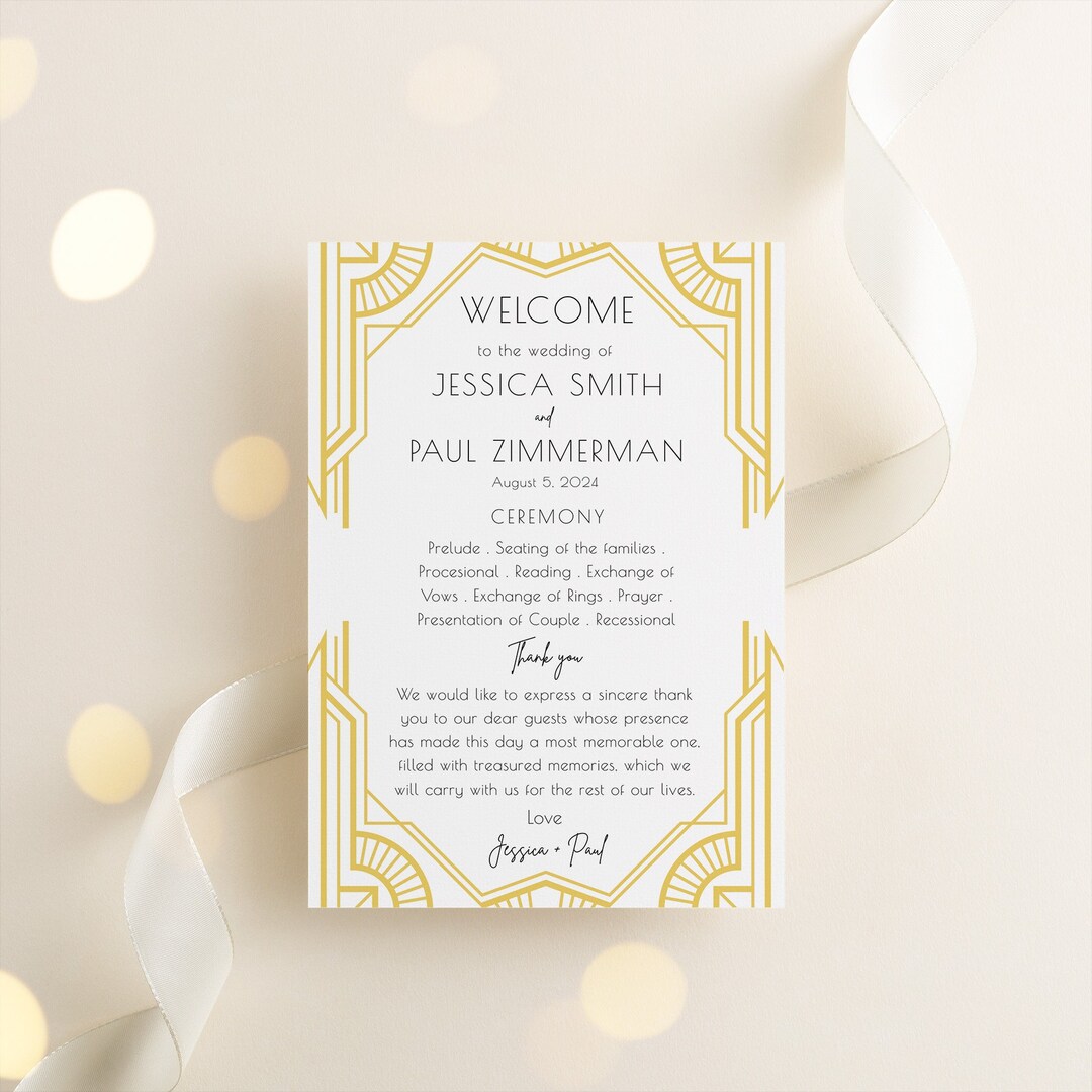 Elegant Art Deco Wedding Program With Gold Geometric Frame, 100% Editable Printable Template - Etsy