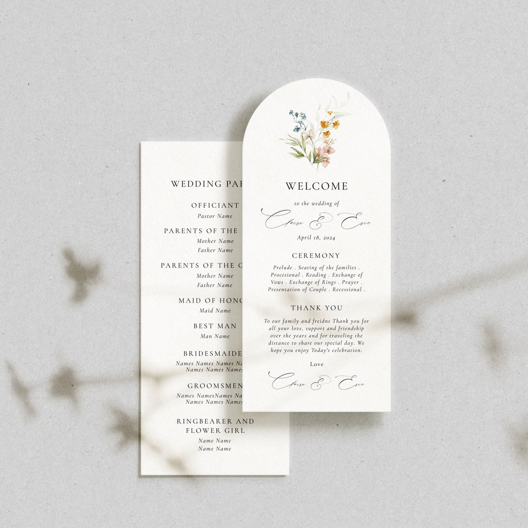 Arched Church Wedding Program Template, Printable Floral Wedding ...