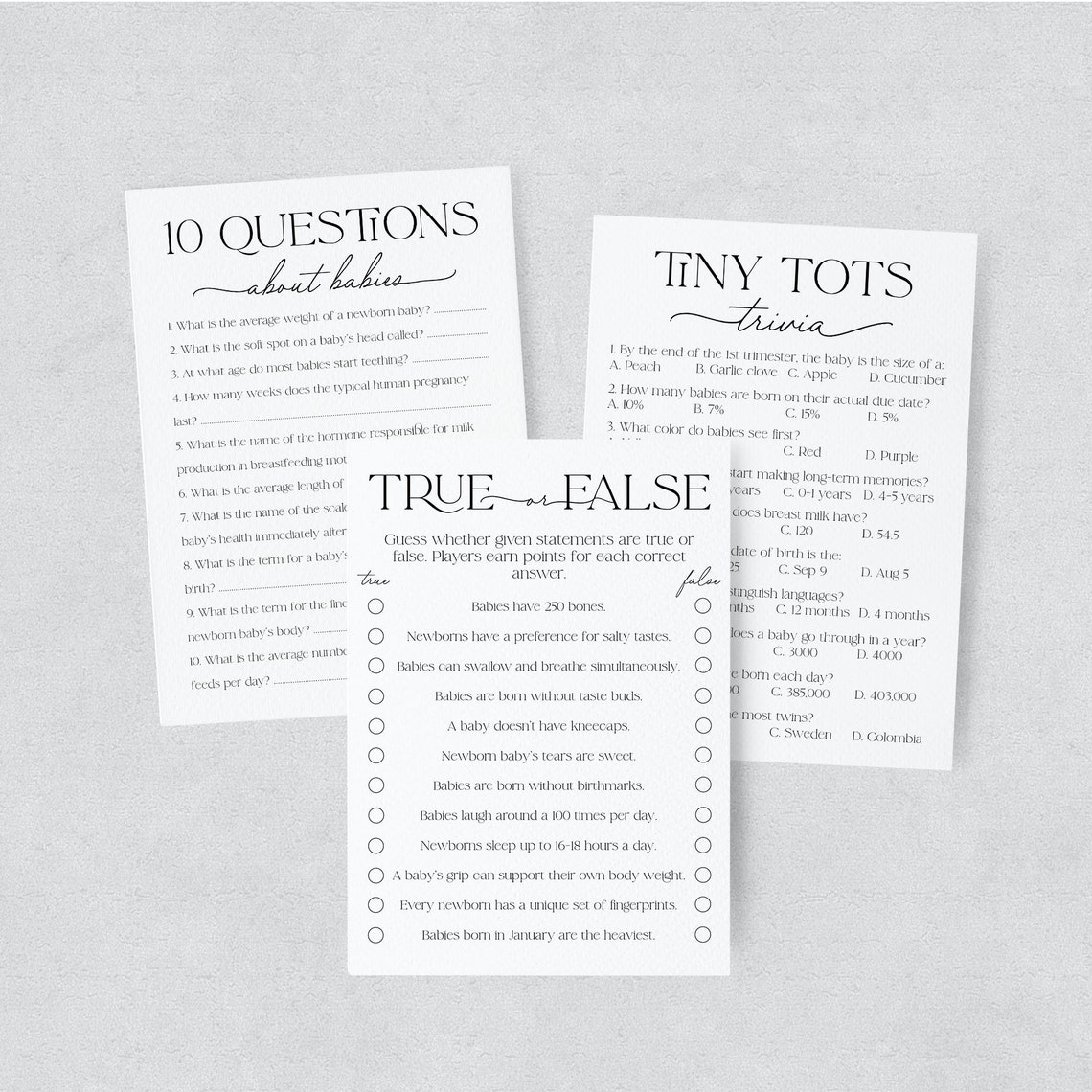 Minimalist Baby Shower Trivia Games: 3 Printable Designs (PDF Download ...