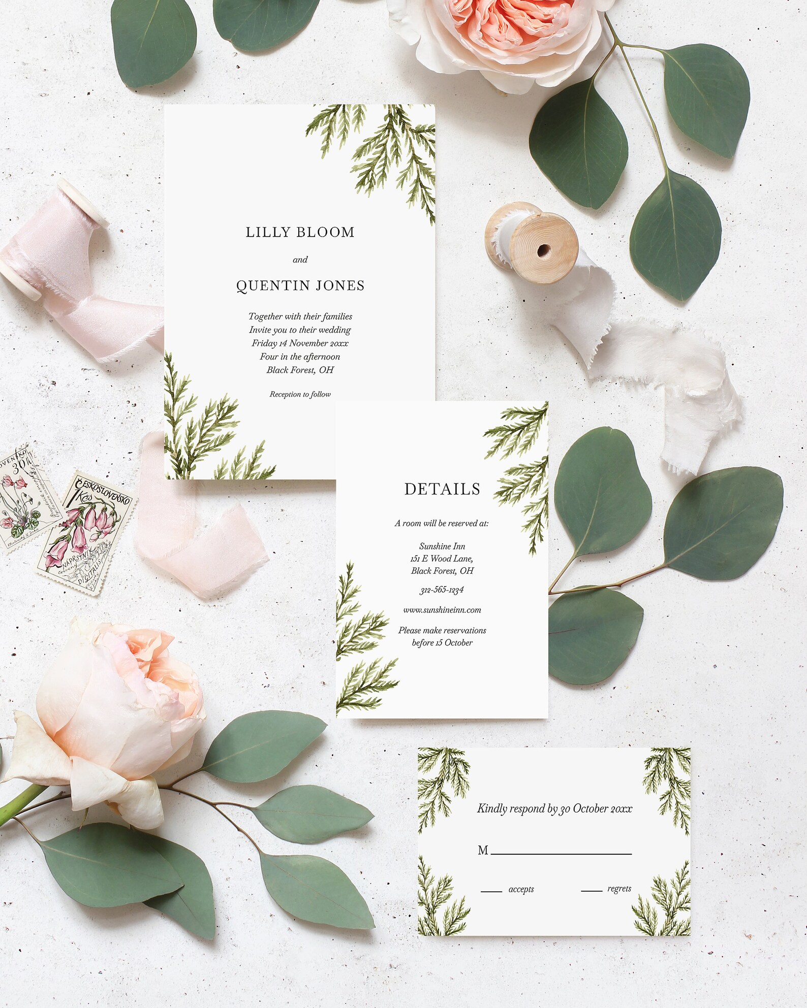Pine Branch Wedding Invitation Set Printable Wedding - Etsy
