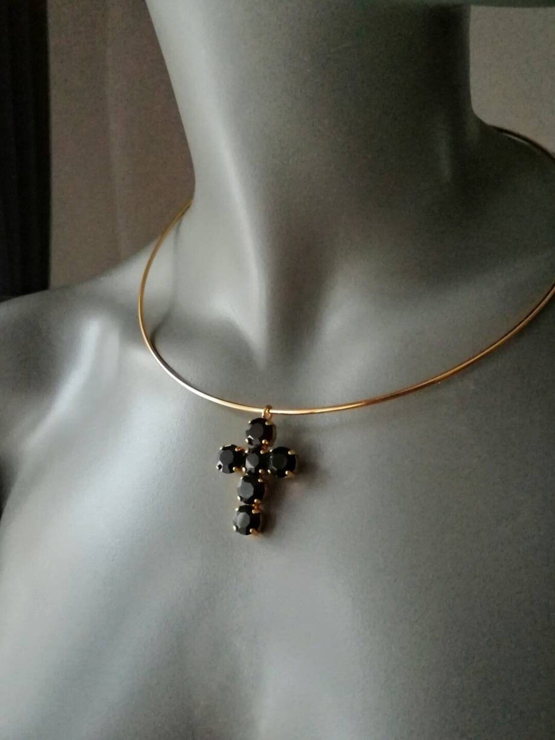 Black Cross Pendant With Swarovski Crystals, Gold Plated Choker ...
