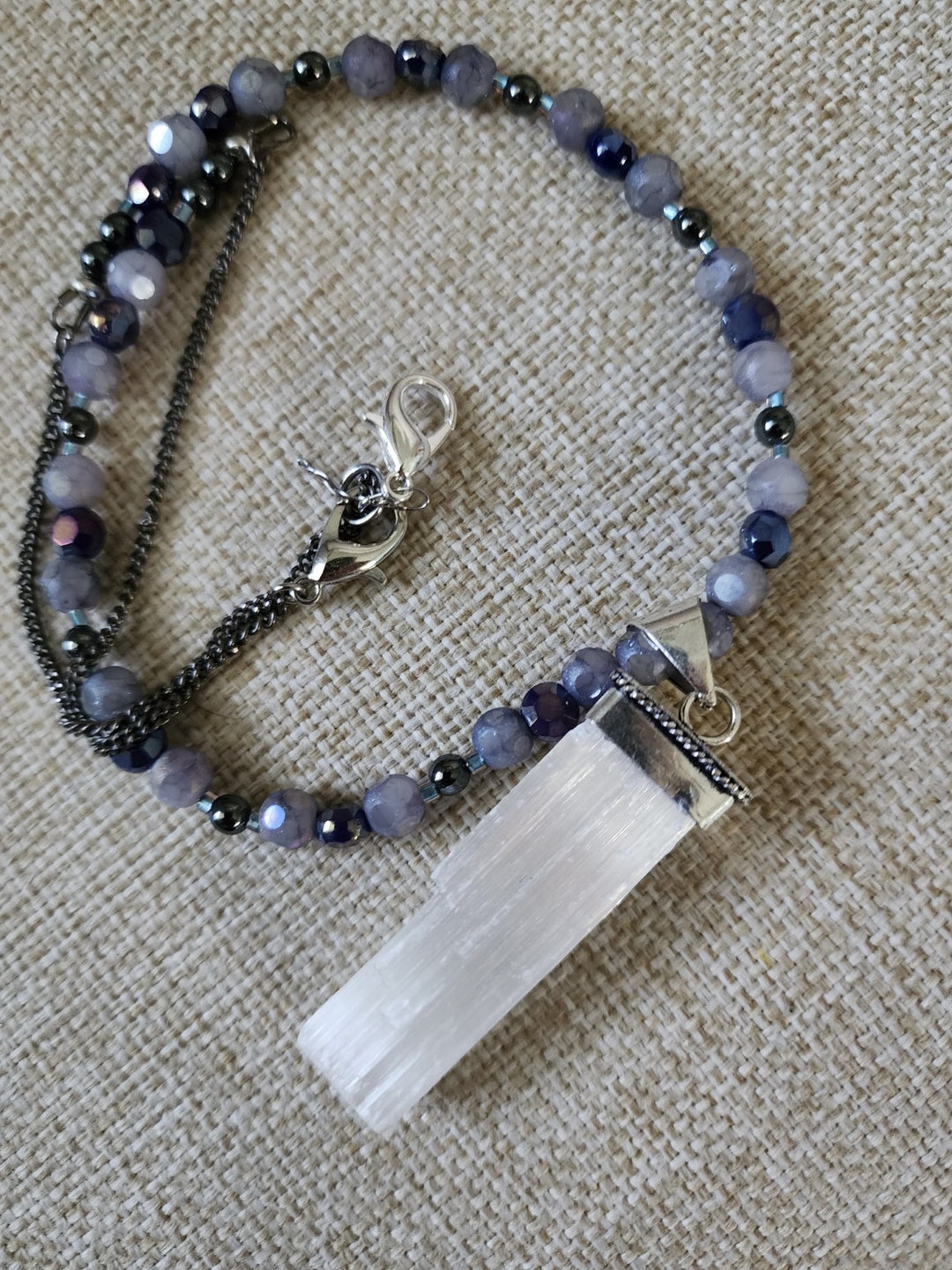 Selenite Crystal Necklace, Hematite and Frosted Glass Beads, Handmade ...