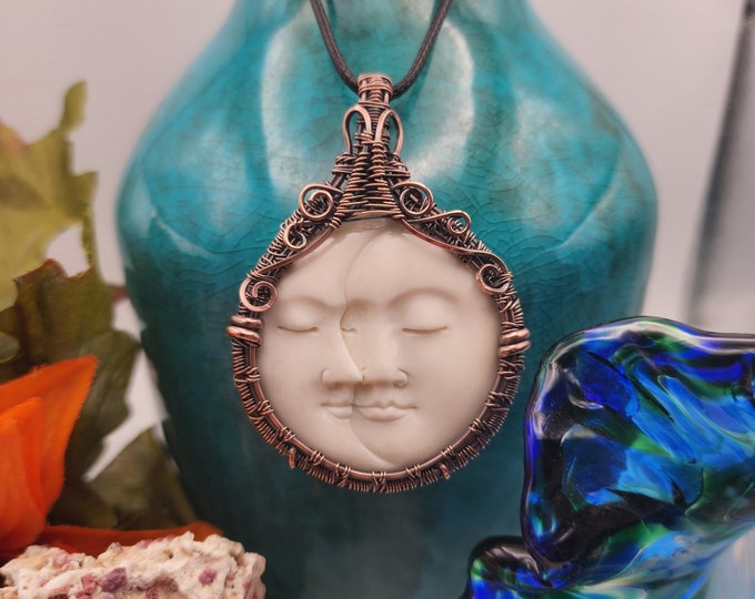 Carved Bone Moon/sun Face, Carved Bone Pendant, Carved Bone Necklace ...