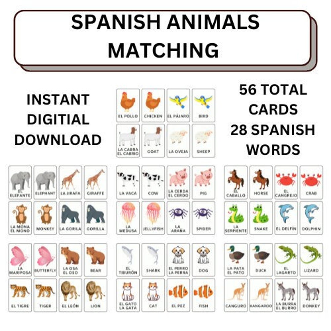 Spanish Animal Matching Game, Printable Cards, Animal Printable ...