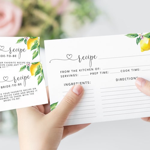 Lemon Recipe Card Template Printable Citrus Bridal Shower - Etsy