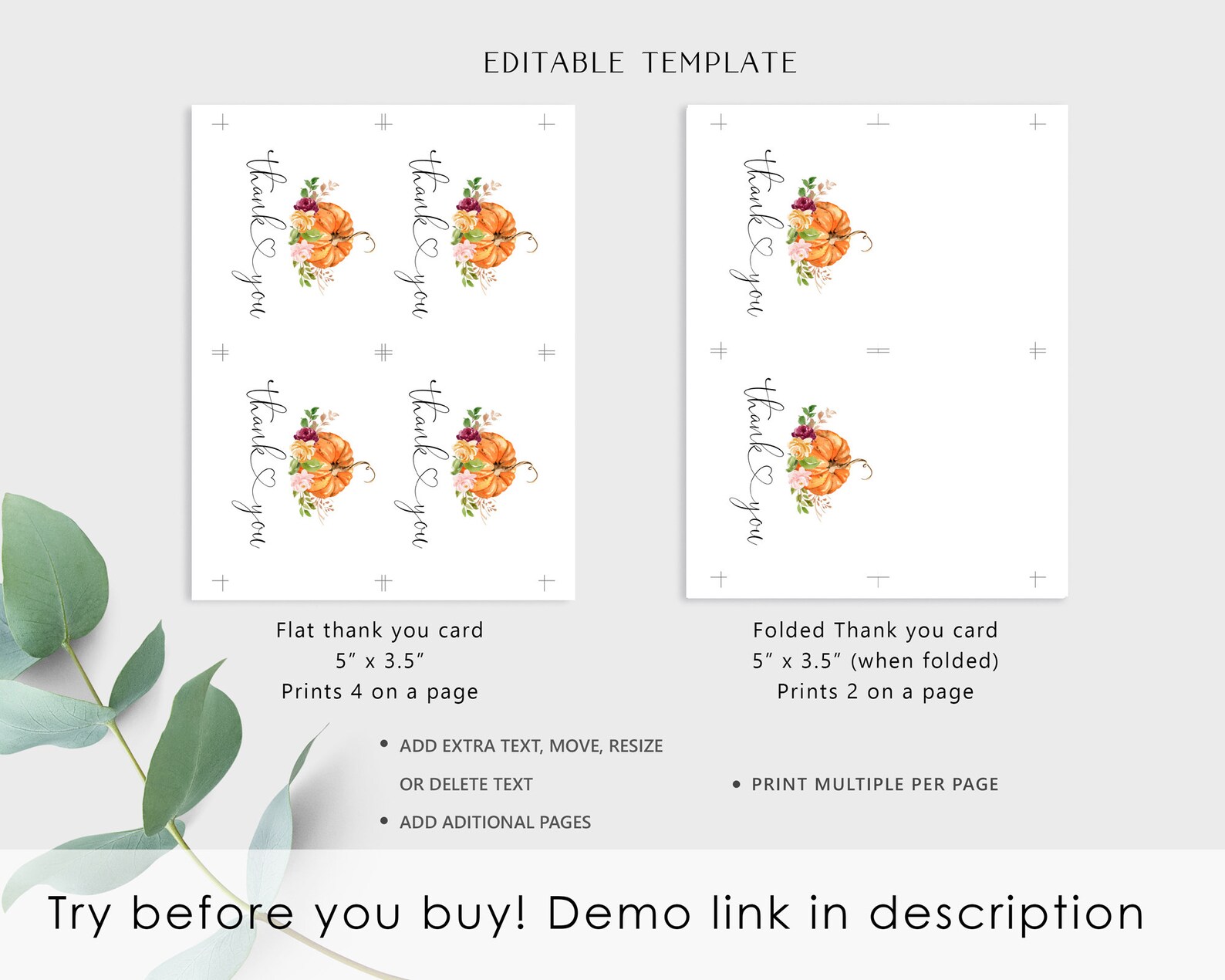 Fall Thank You Cards Printable Template. Pumpkin Thank You | Etsy