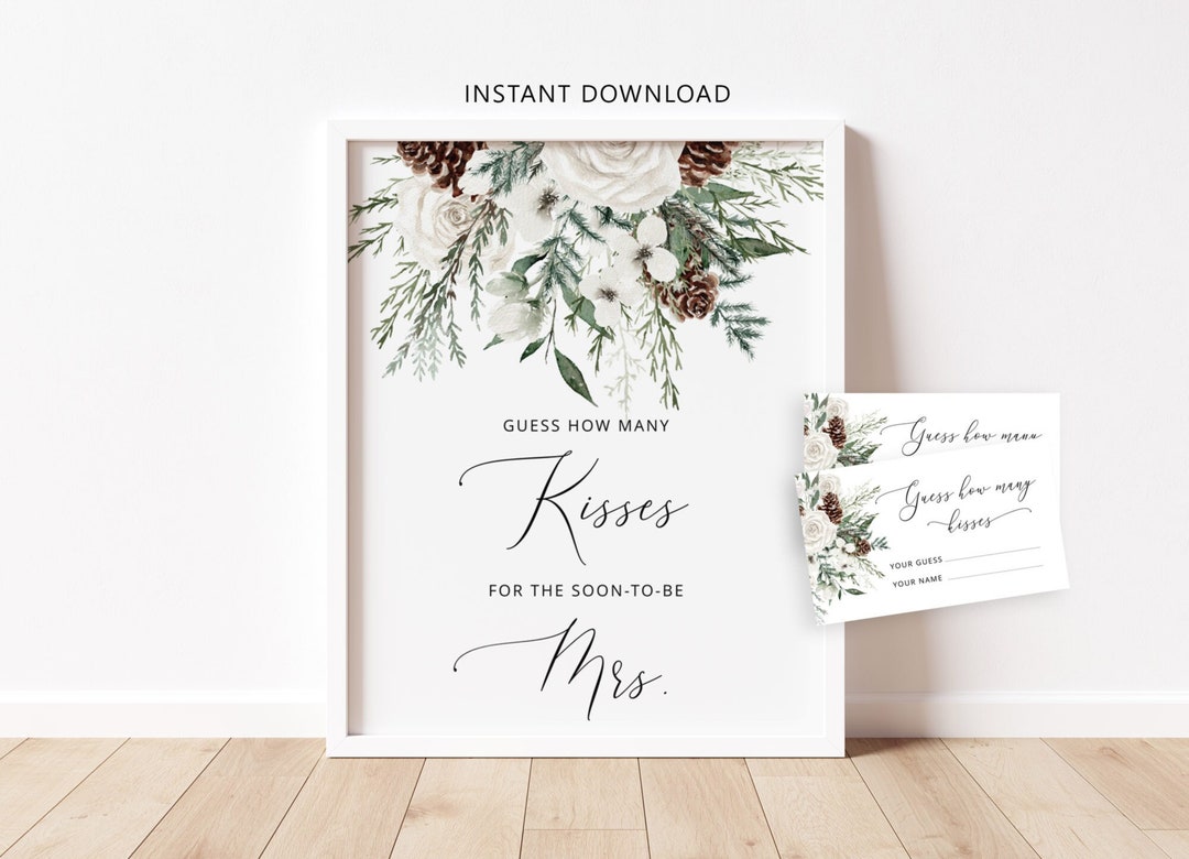 Winter Guess How Many Kisses Sign. Evergreen Bridal Shower Guessing ...