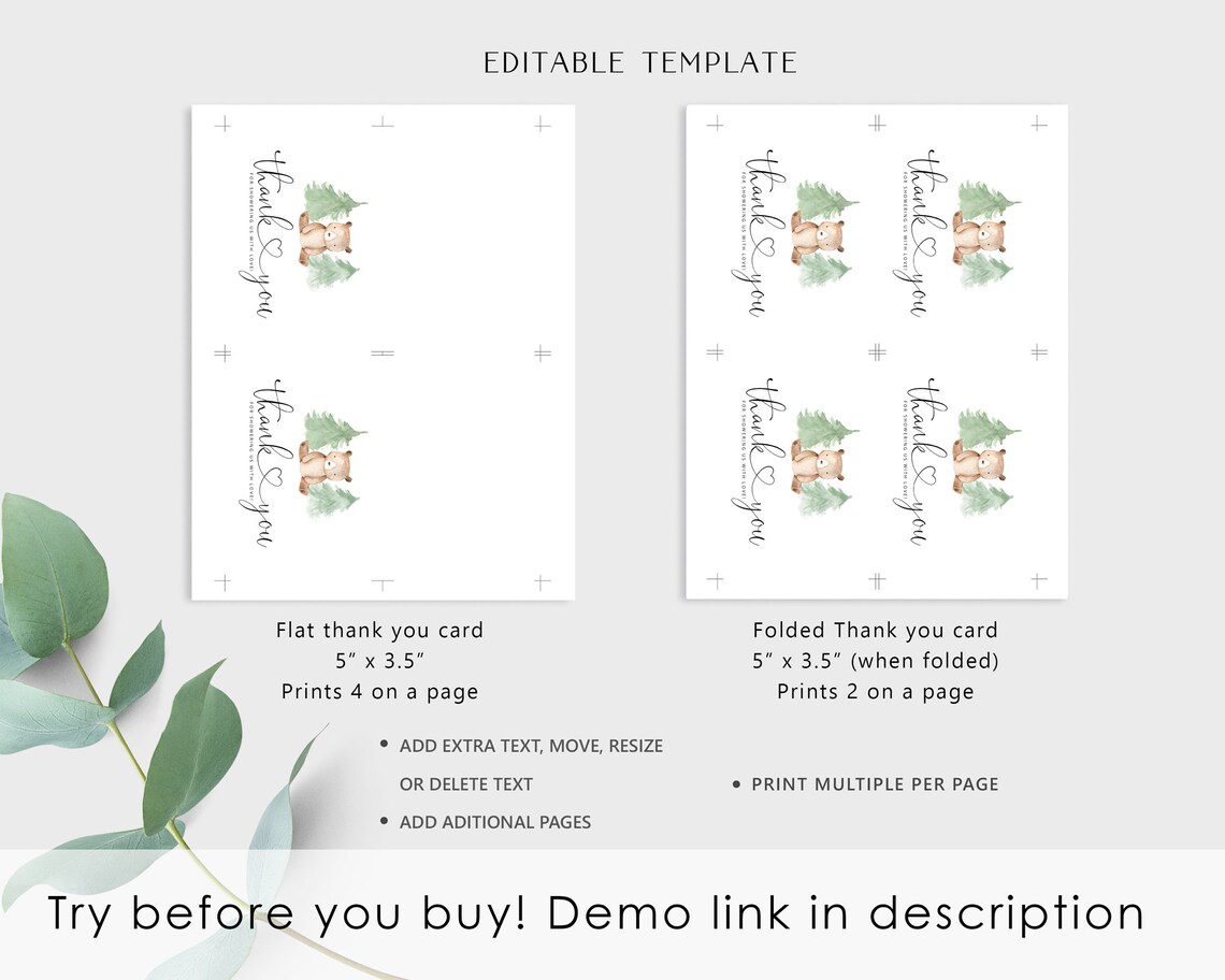 Bear Thank You Cards Printable Template. Woodland Thank You Card ...