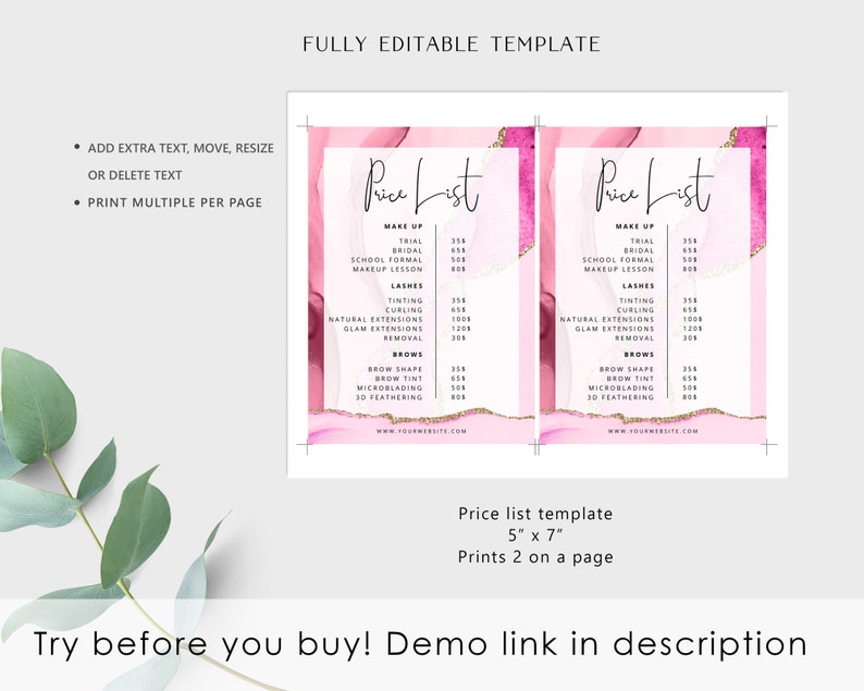 Price List Template. Pink Gold Price List Template. DIY - Etsy