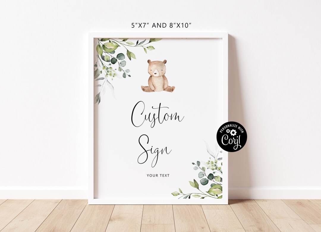 Eucalyptus Bear Custom Sign Template, Watercolor Bear Table Sign ...