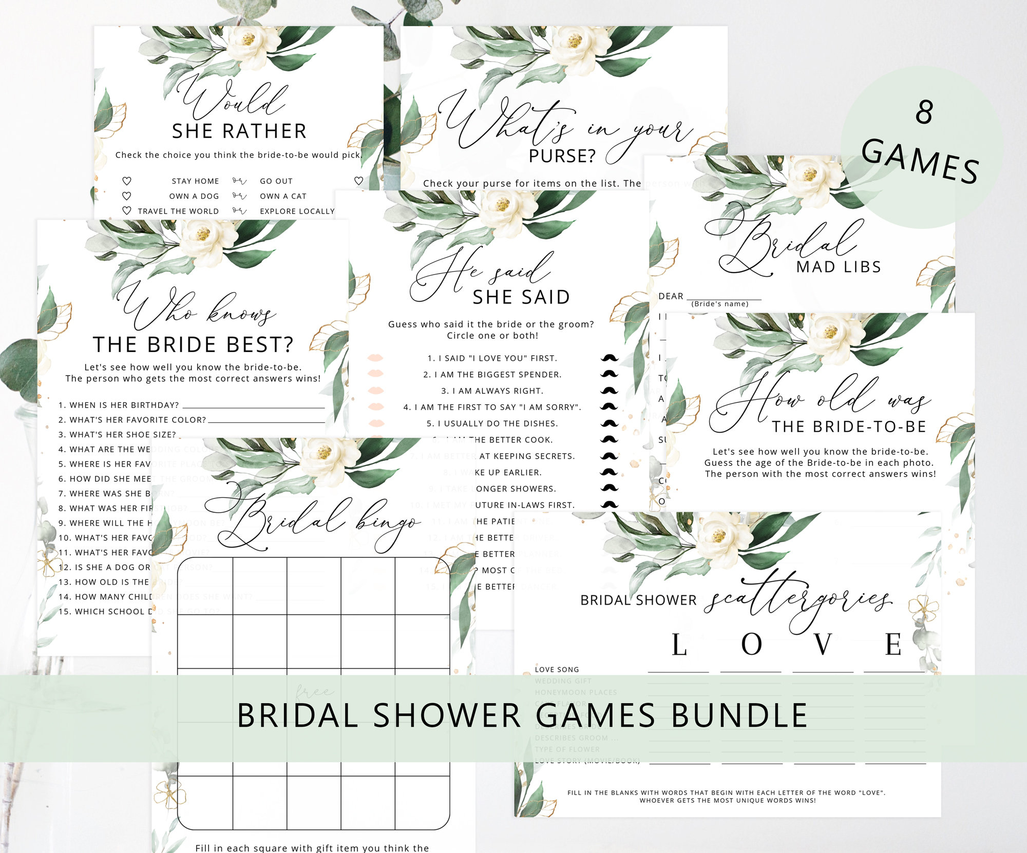 Greenery Who Am I Bridal Game. Who Am I Bridal Shower Game. Memory With ...