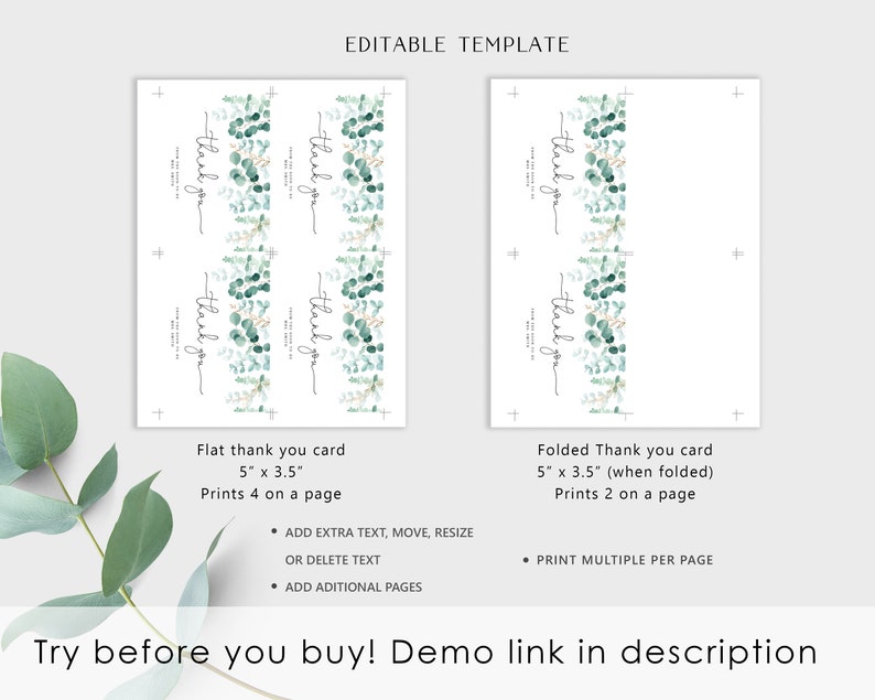 Eucalyptus Greenery Thank You Cards Printable Template. | Etsy