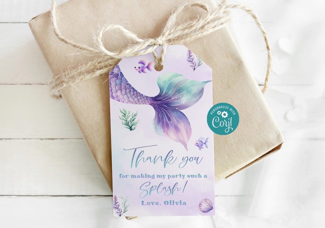 Editable Mermaid Tail Favor Tag. Under the Sea Purple Teal Thank You ...